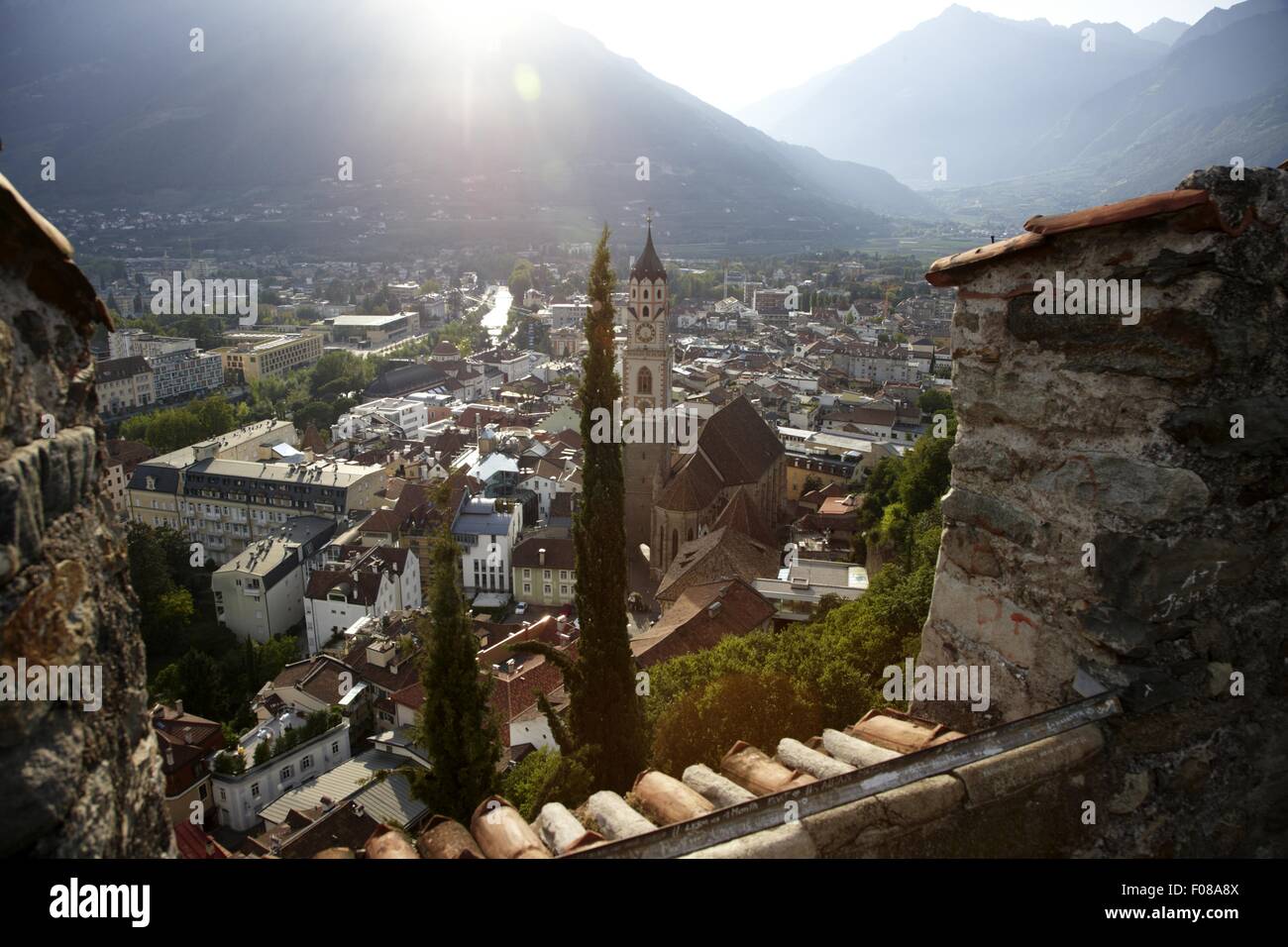 View of cityscape and parish church in Meran, South Tyrol, Italy Stock ...