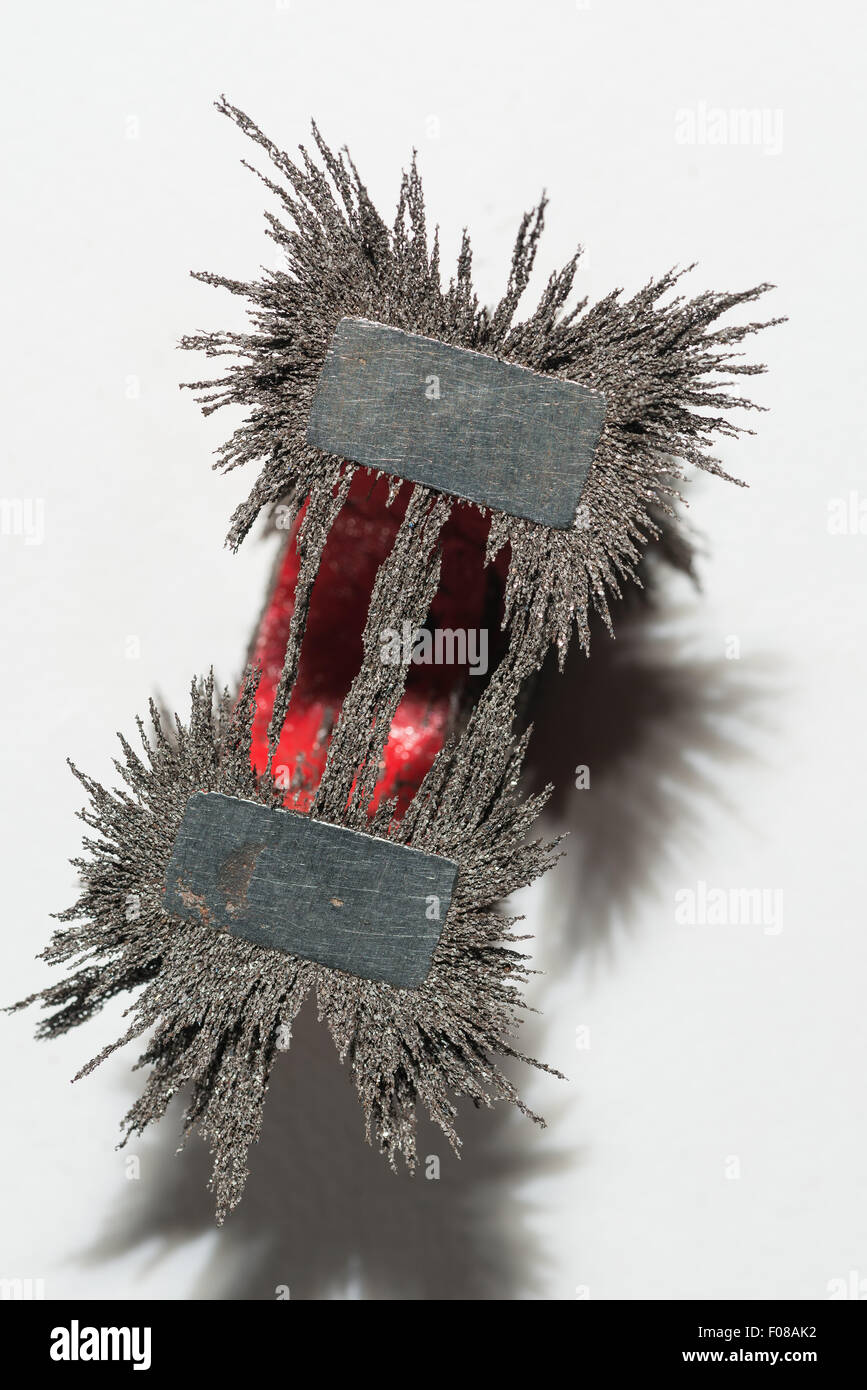 Attraction and repulsion iron metal particles align up along the ...