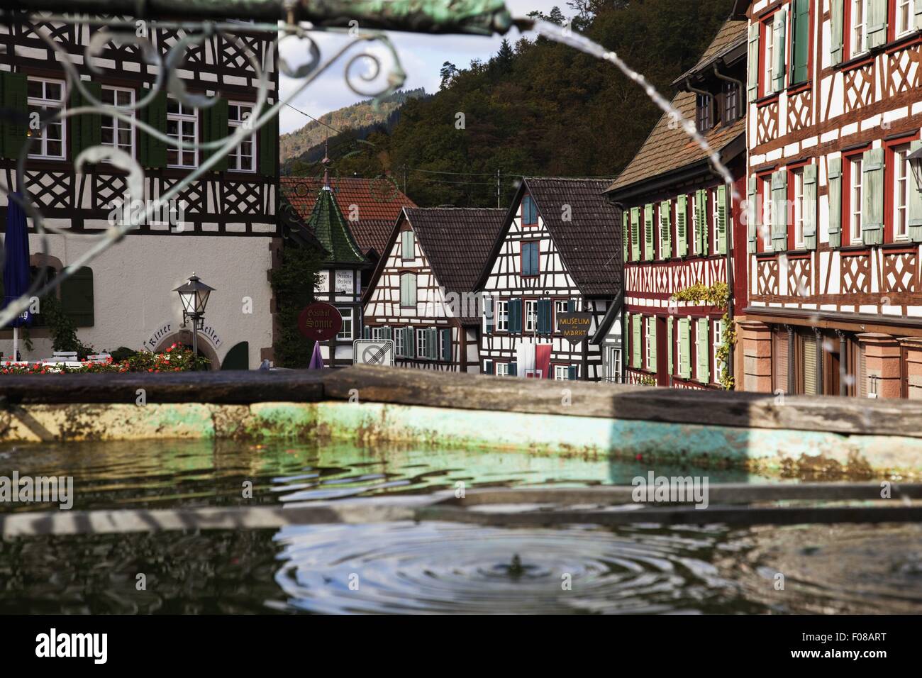 Schiltach half-timbered houses with marketplace and fountain in Black ...