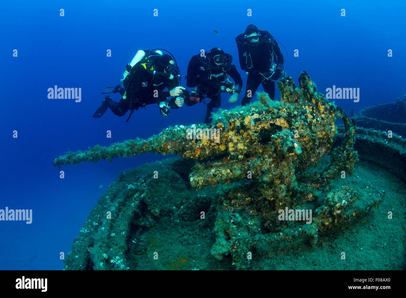 Rebreather Diver exploring the Gun on Bow of LST 349 Wreck, Ponza ...