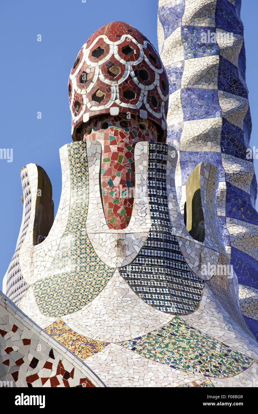 Mosaic tower in Park Guell, Barcelona, Spain Stock Photo - Alamy