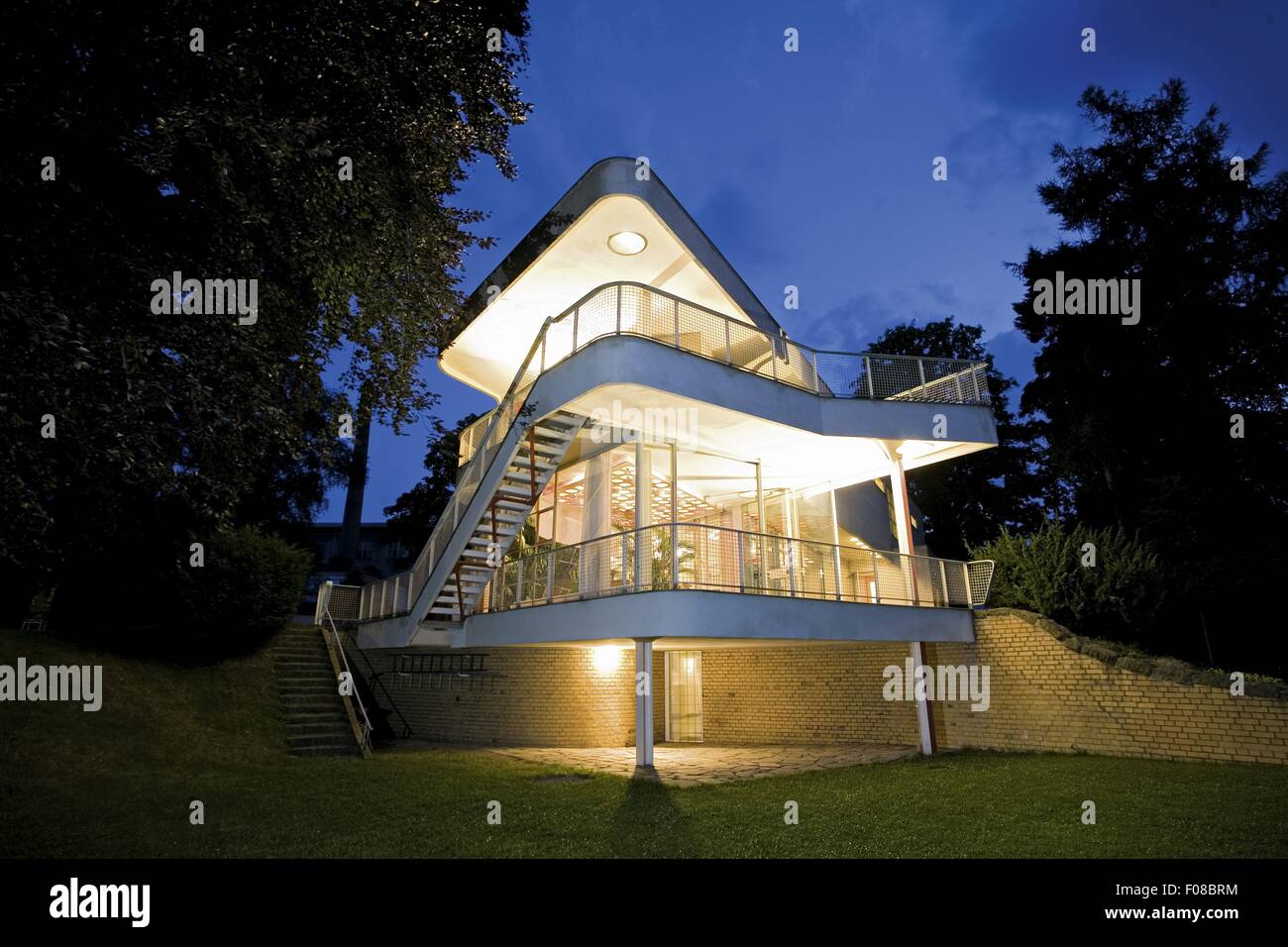 Facade of illuminated Haus Schminke in Lobau, Saxony, Germany Stock ...