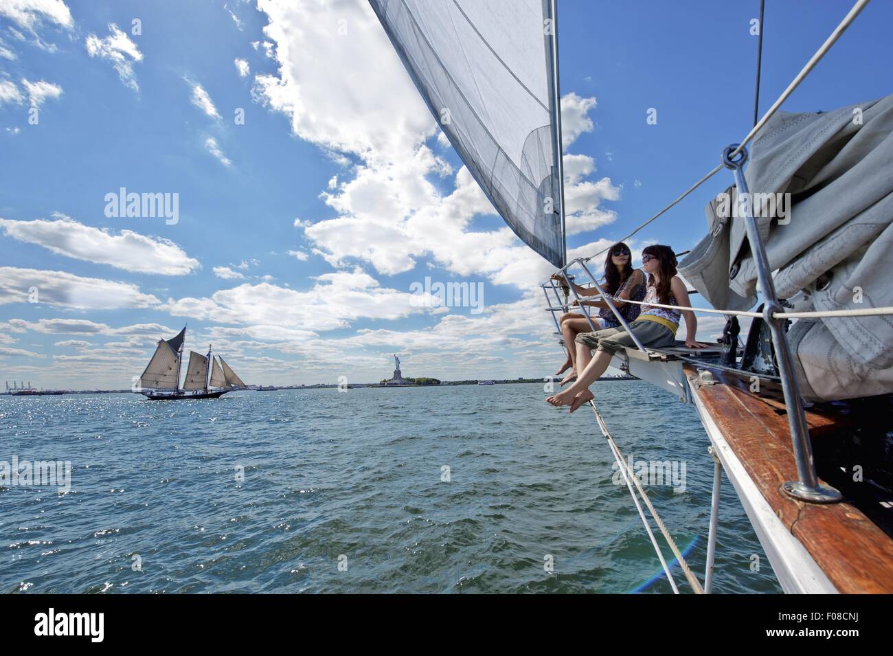 Two women enjoying on sailboat in Hudson river, New York, USA Stock ...