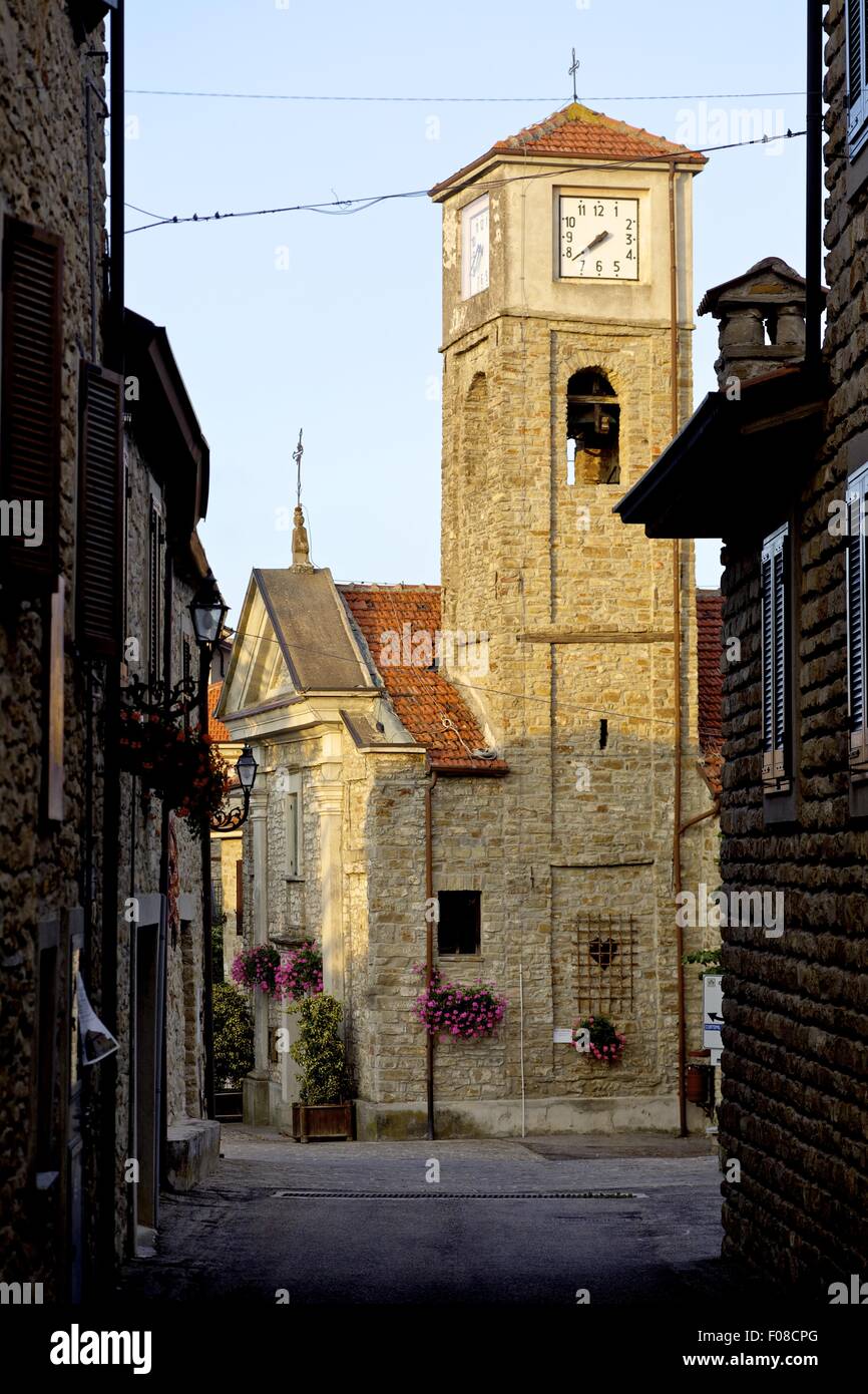 View of alley in front of church in Bergolo, Piedmont, Italy Stock ...