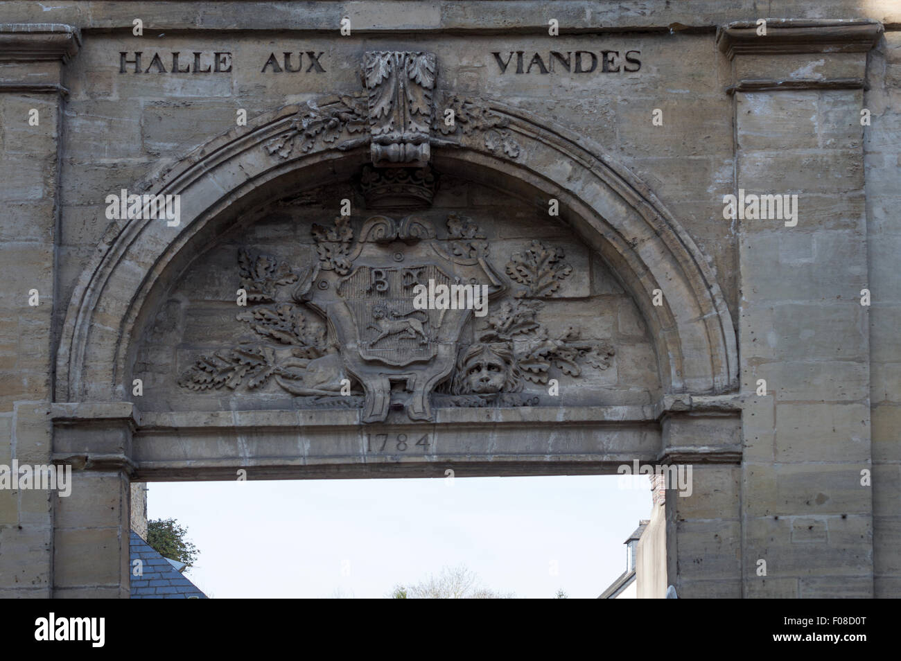 Traditional stone archway sign for Bayeux' meat market - Halle aux ...