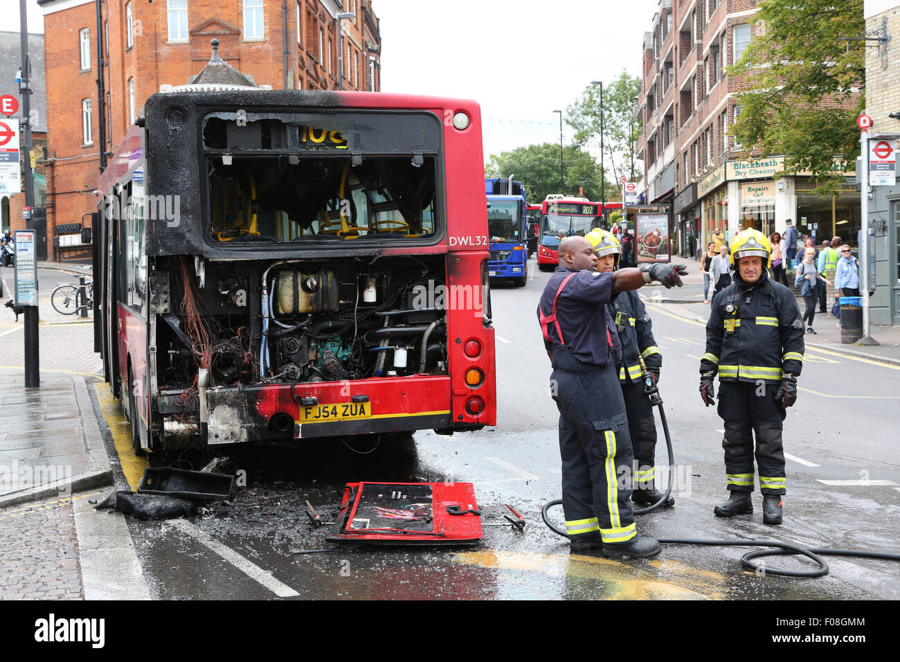 London, UK. 09th Aug, 2015. A bus fire in Blackheath, London, England ...