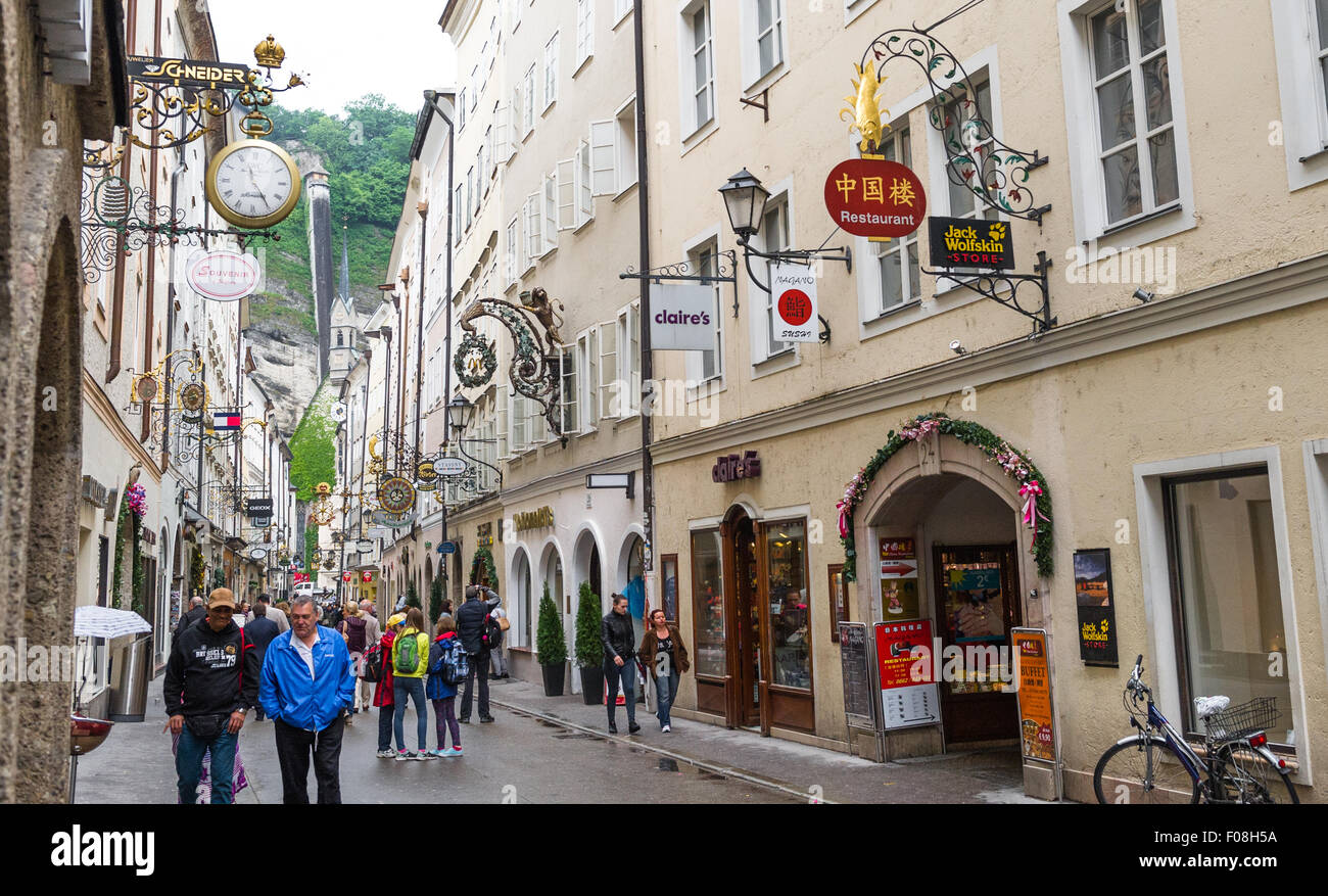 The ornate shop signs on the Getreidegasse in Salzburg, Austria Stock ...