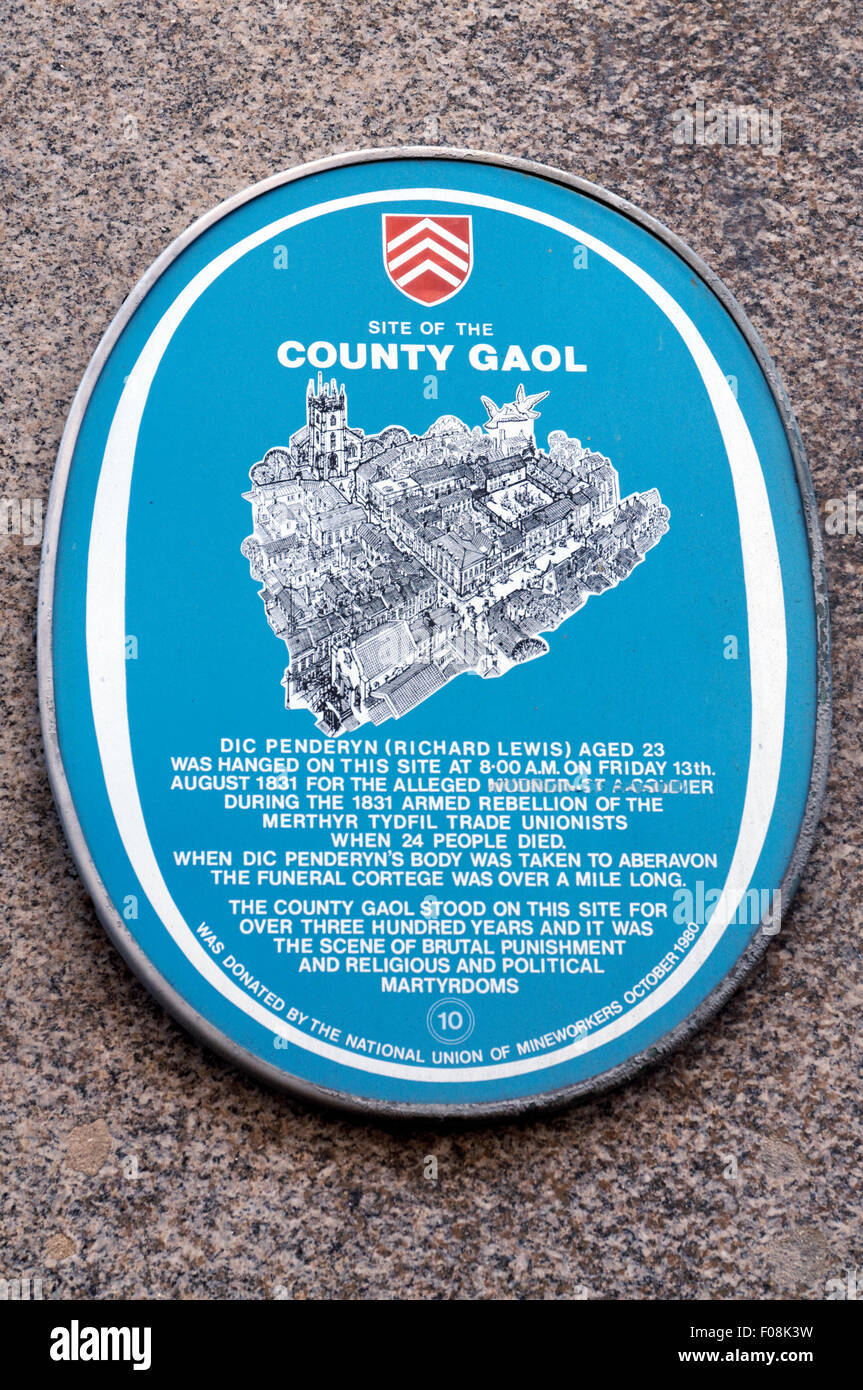 Blue plaque to commemorate the Welsh working class martyr Dic Penderyn ...