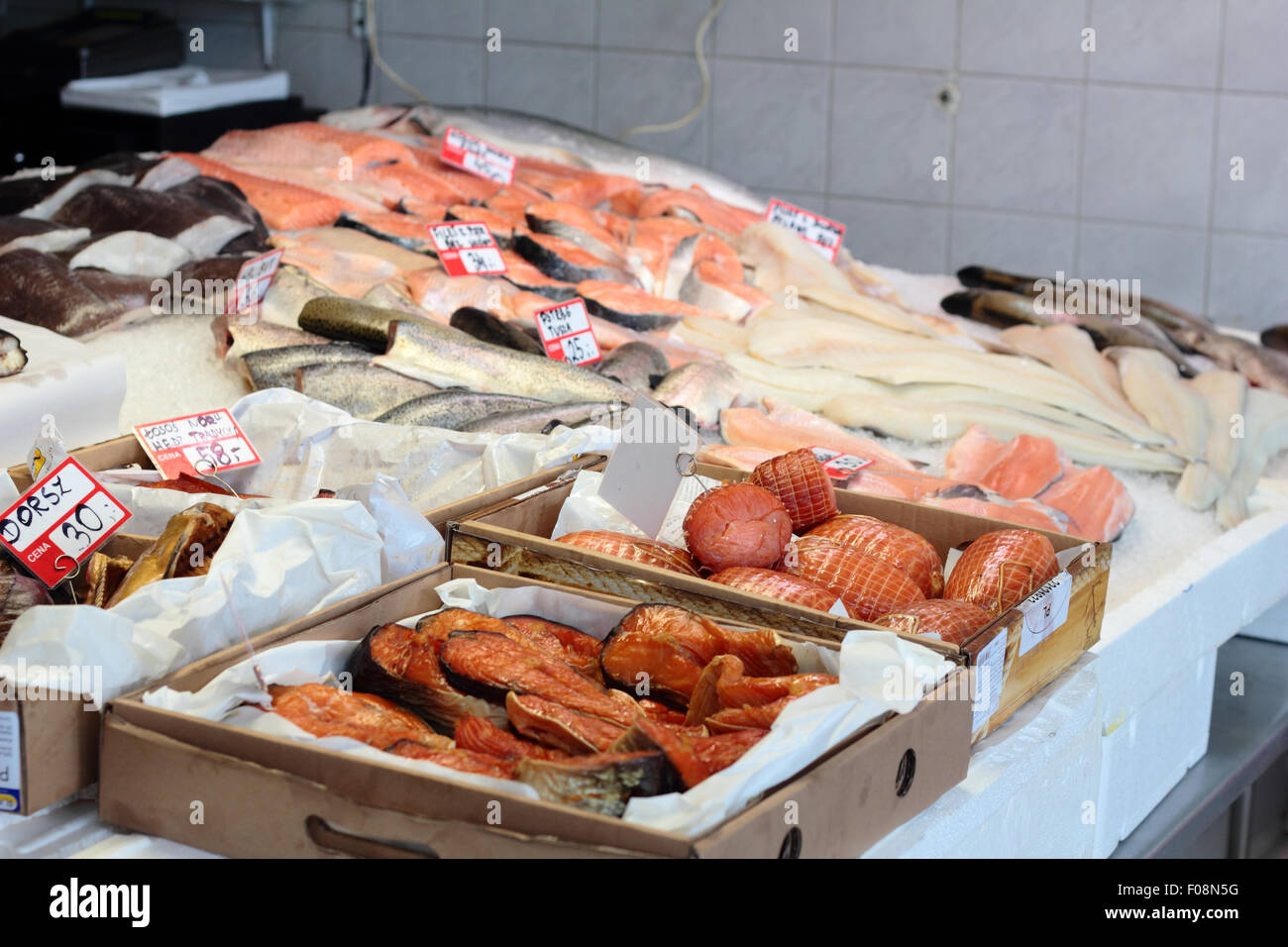 Rich variety of fish fillet at fish market Stock Photo - Alamy