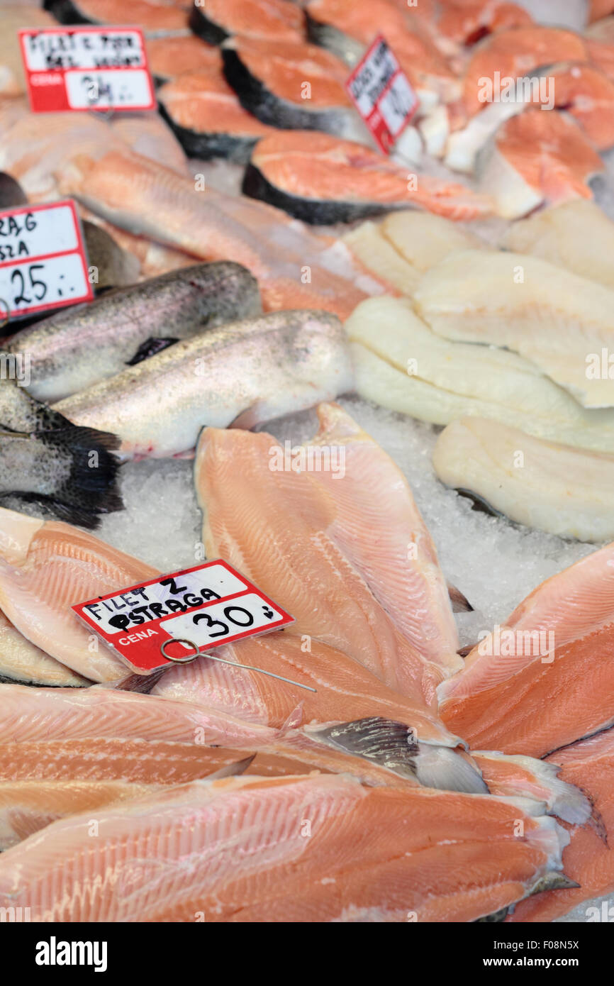 Rich variety of fish fillet at fish market Stock Photo - Alamy