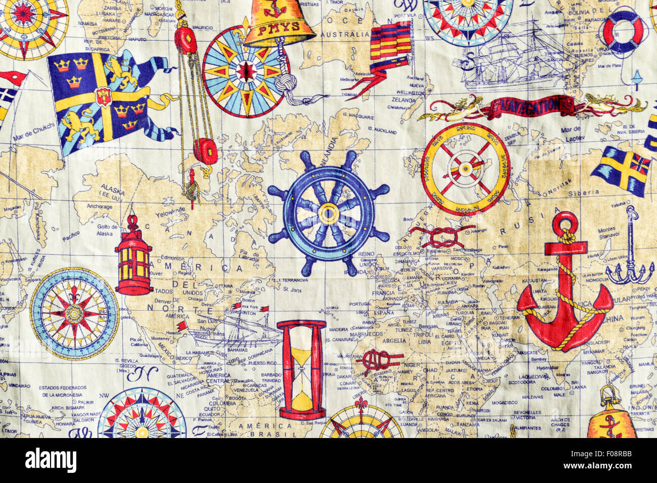 World map with maritime motifs Stock Photo - Alamy