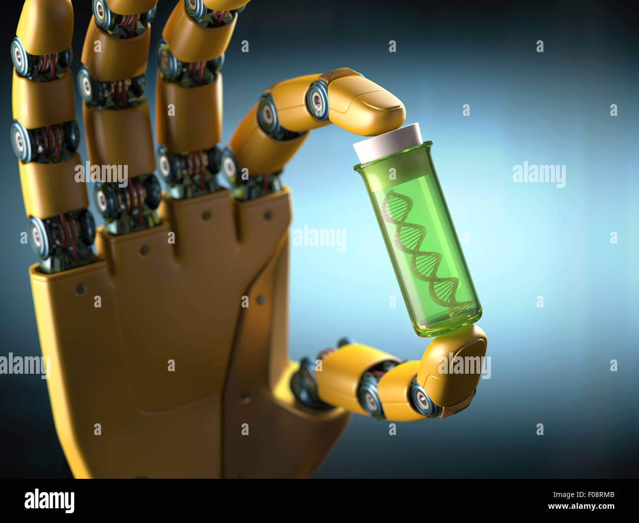 Robotic hand holding a test tube with a sample DNA inside. Concept of ...
