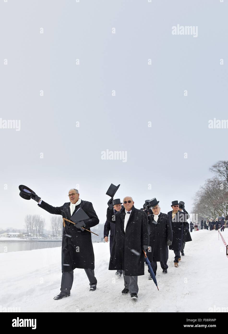 Epiphany merchants walking on snow in winter, Bremen, Germany Stock ...