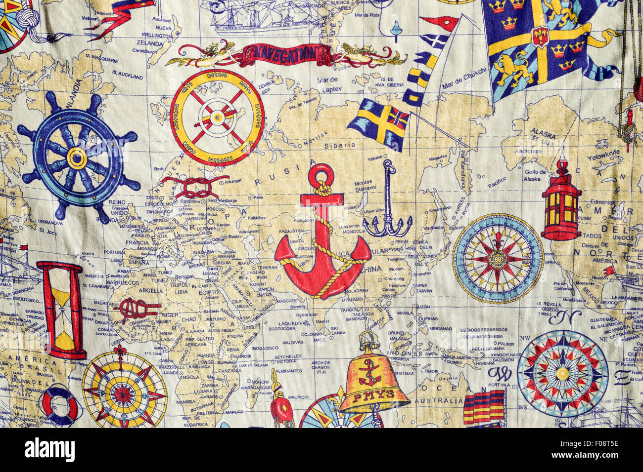 World map with maritime motifs Stock Photo - Alamy