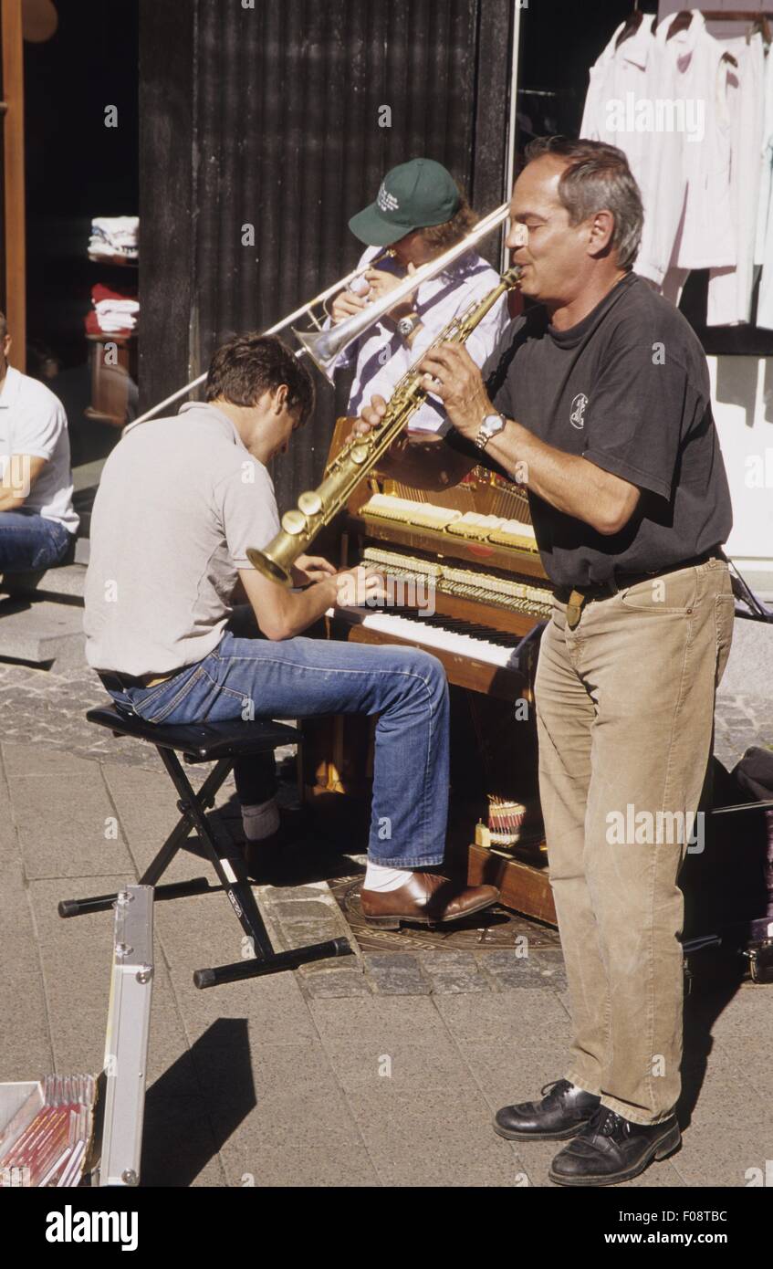 People playing instruments on street in Ostergade in Copenhagenm ...