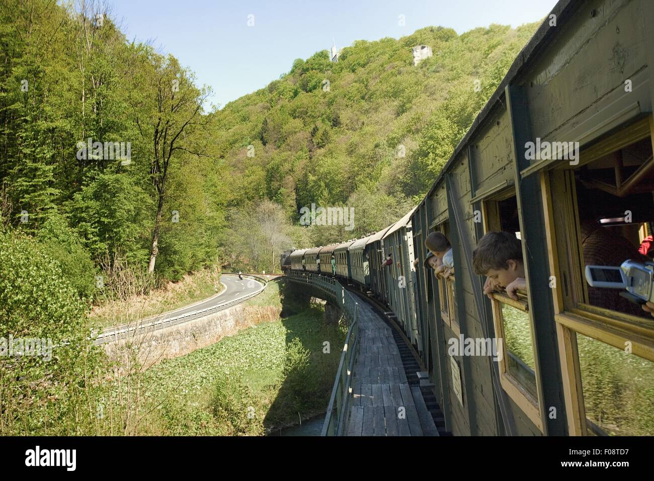 Train passing through Nature Park in Franconian Switzerland, Bavaria ...