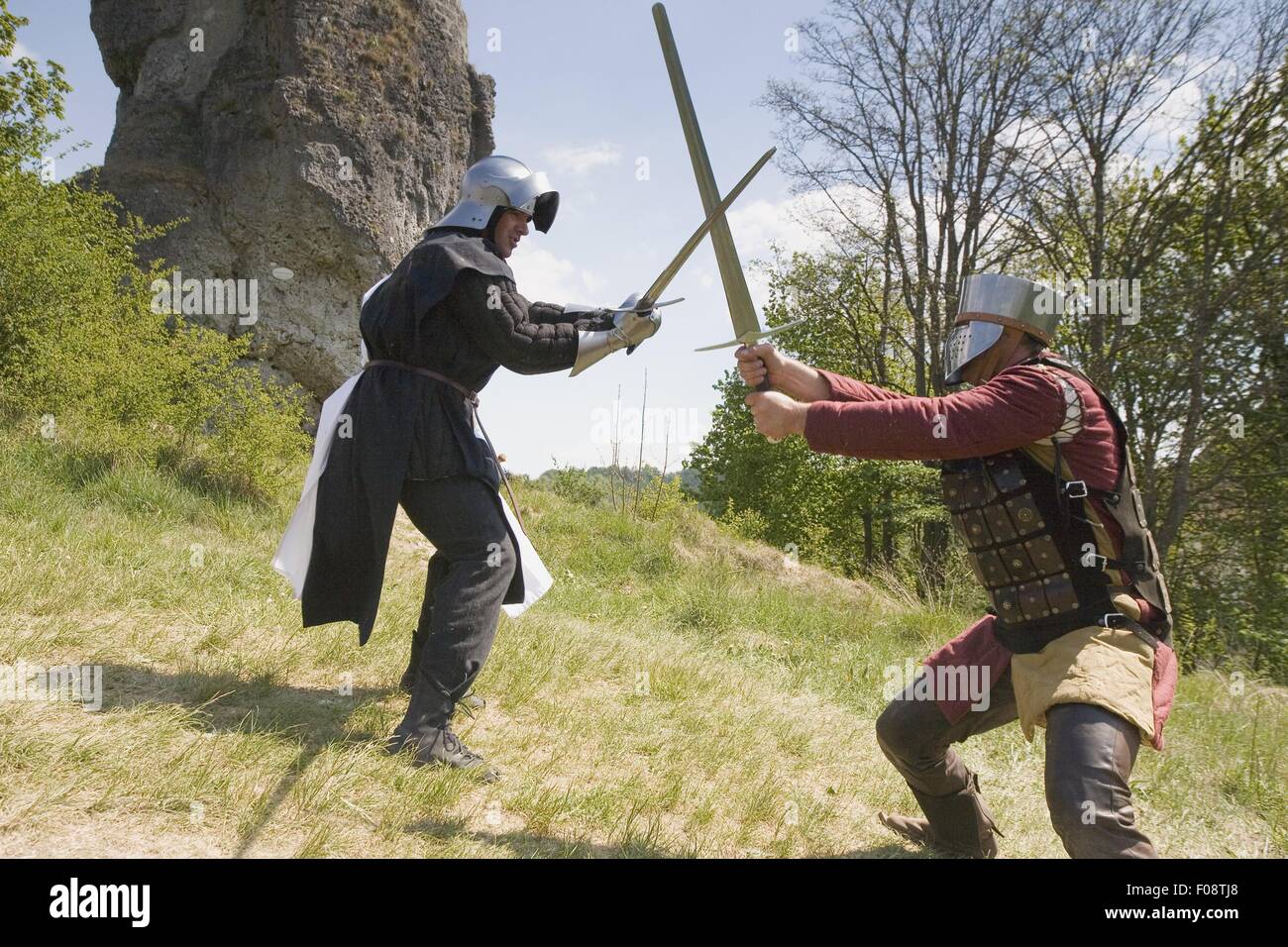 Two knights in front of small tower in Franconian Switzerland, Bavaria ...