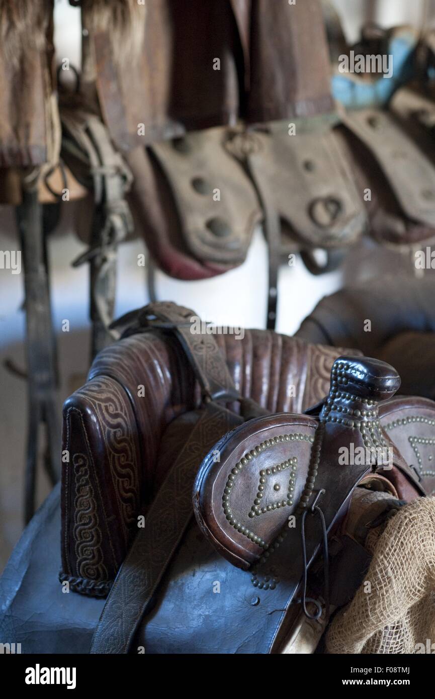 Close-up of horse saddles, Maremma, Italy Stock Photo - Alamy