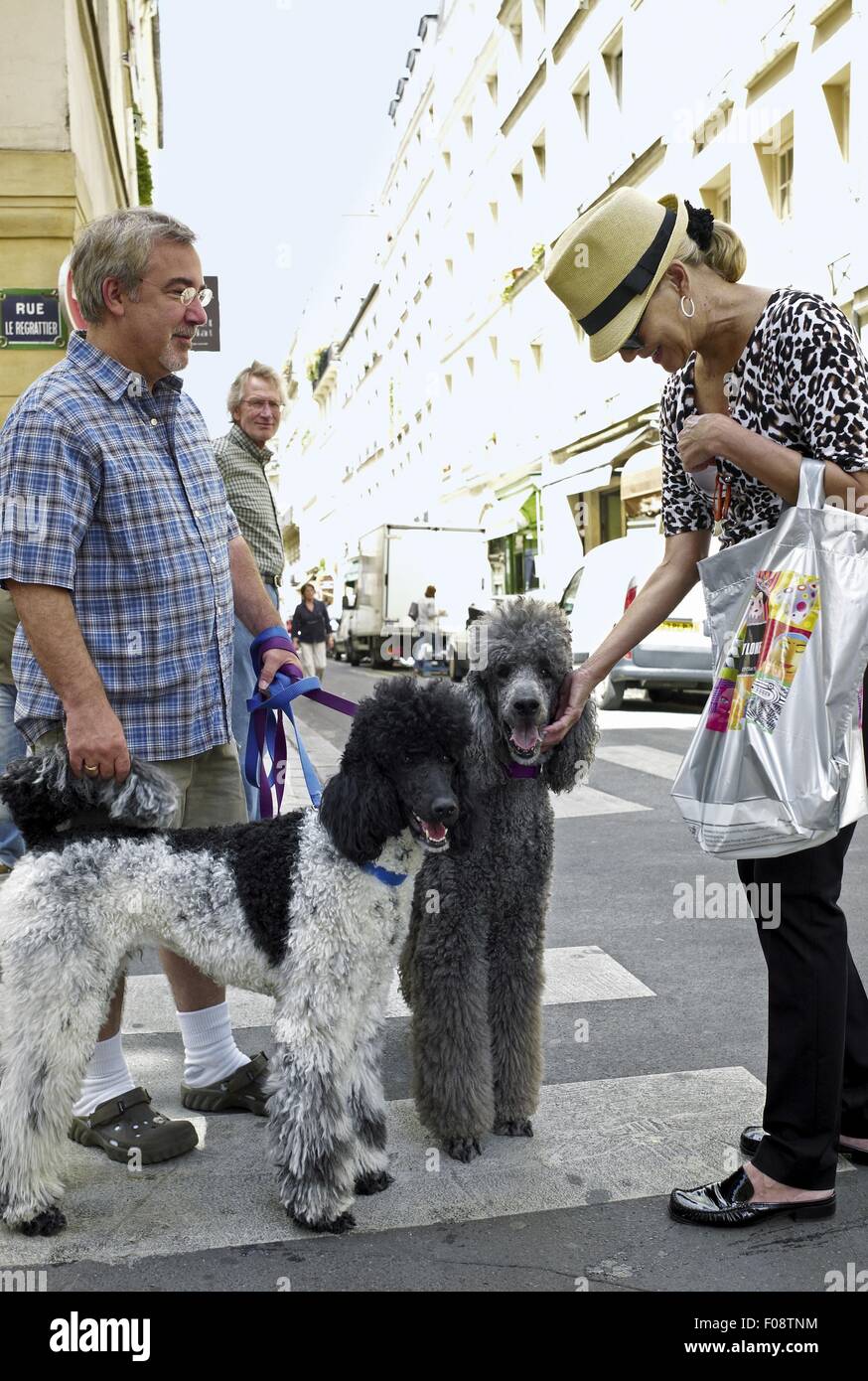 Man and woman standing with poodles on street, Ile Saint-Louis Island ...