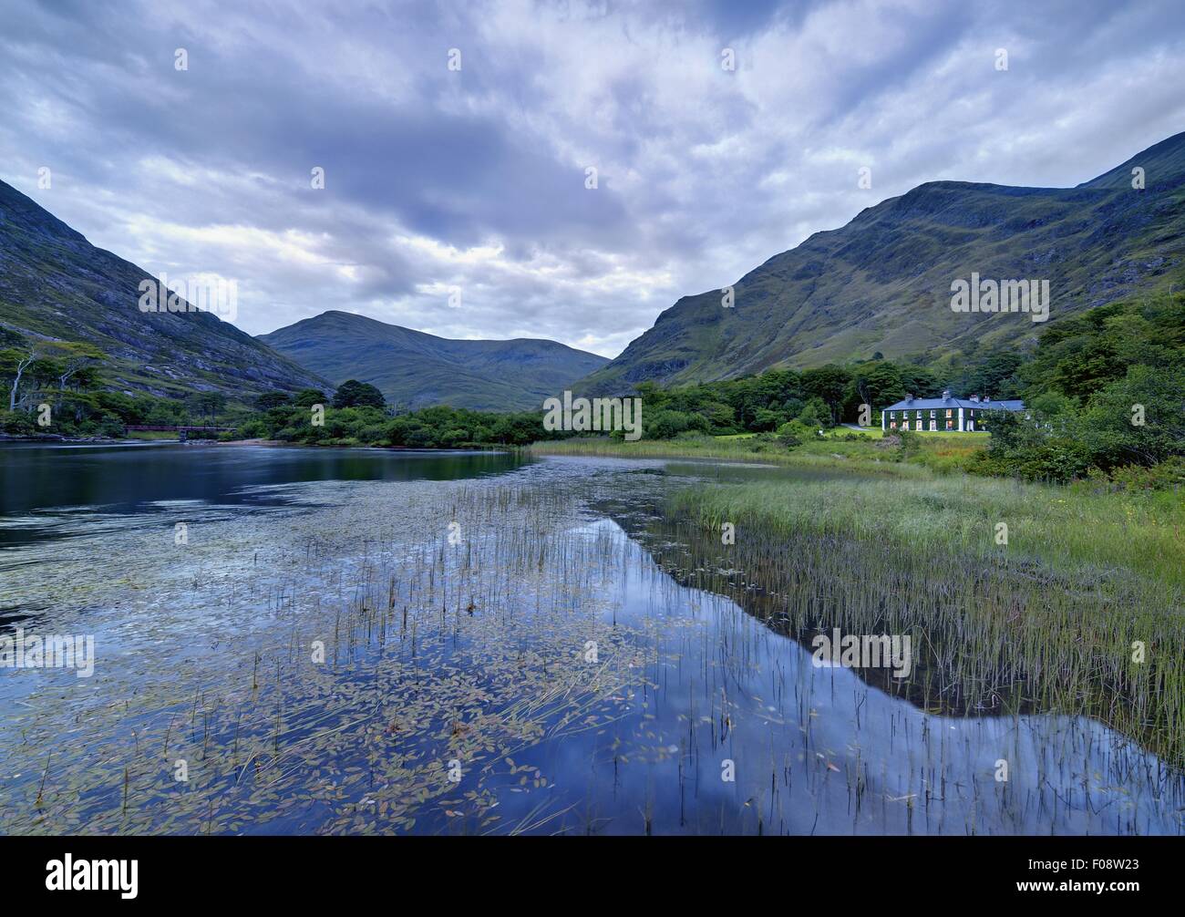 Connemara mountain scenery with waters and Delphi Lodge, Ireland Stock ...