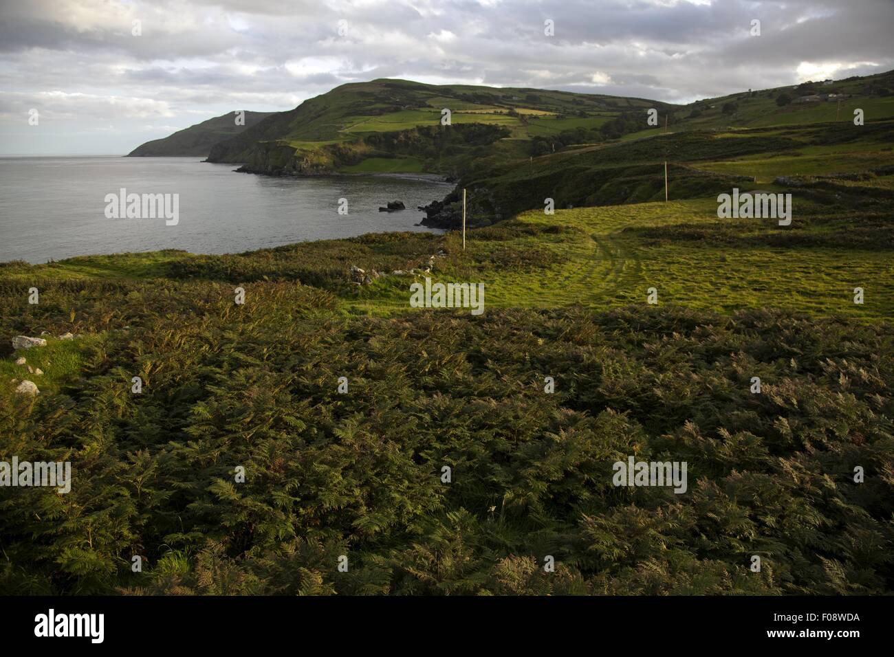 View of Antrim Coast Torr Head mountain with green coast, Ireland, UK ...