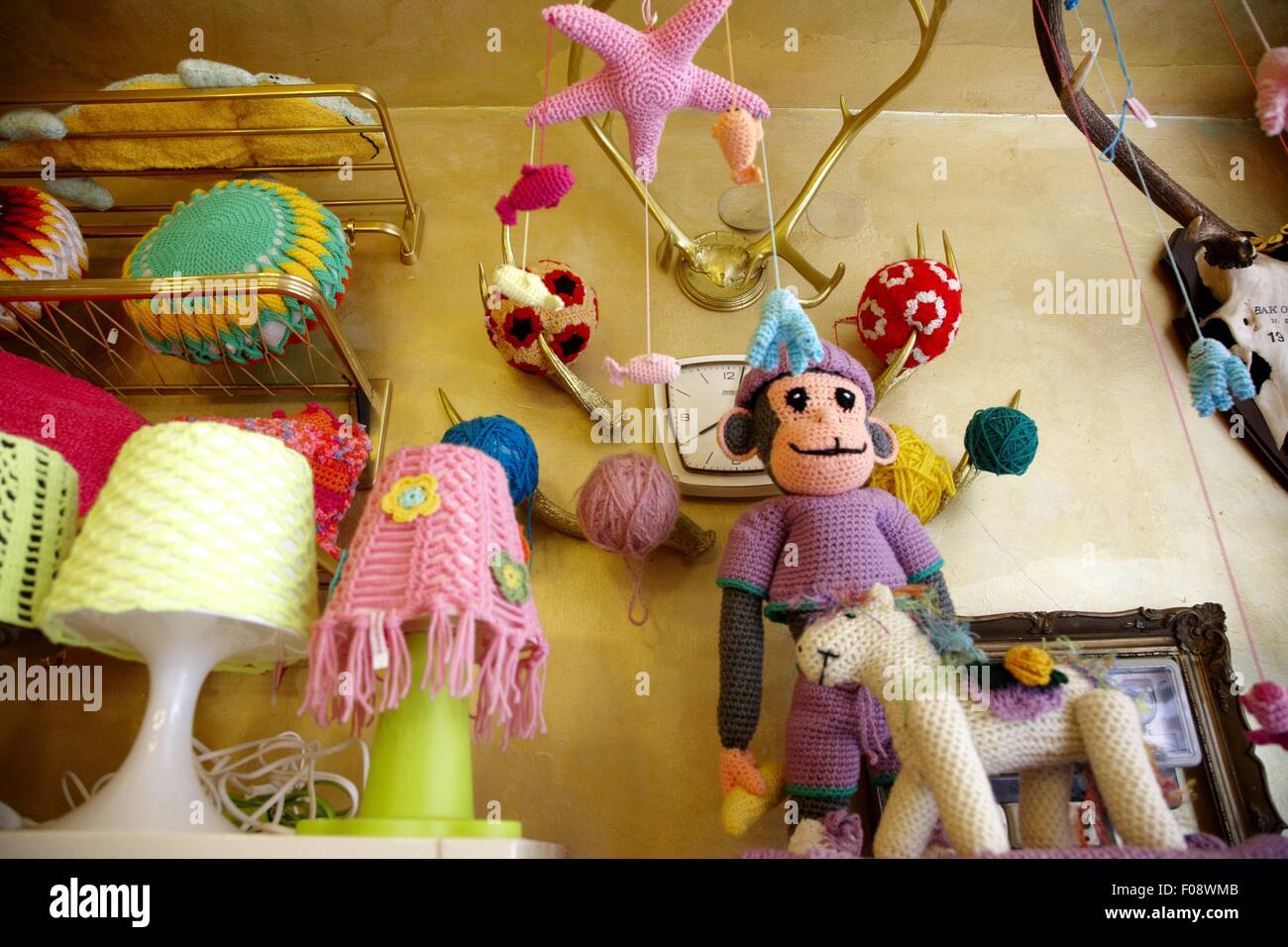 Toys made from wool at Mascherie in Stuttgart West, Stuttgart, Baden ...