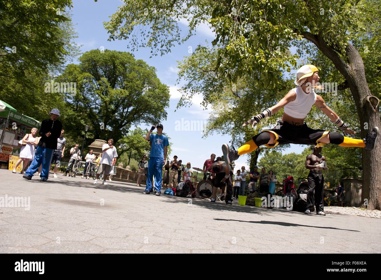 Street performer performing hip hop show at Central park, New York, USA ...