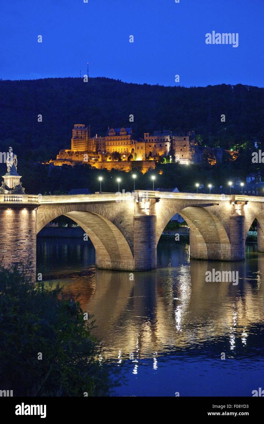 Illuminated Karl-Theodor-Bridge at evening in Heidelberg, Germany Stock ...