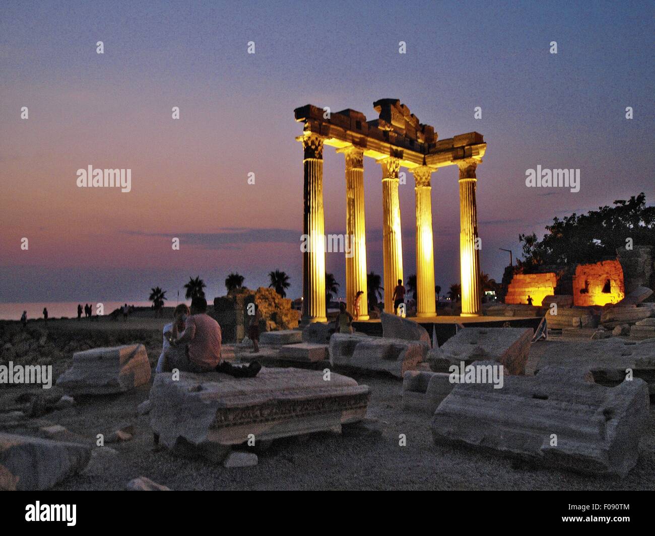 Illuminated Temple of Apollo ruins at night in Side, Turkey Stock Photo ...