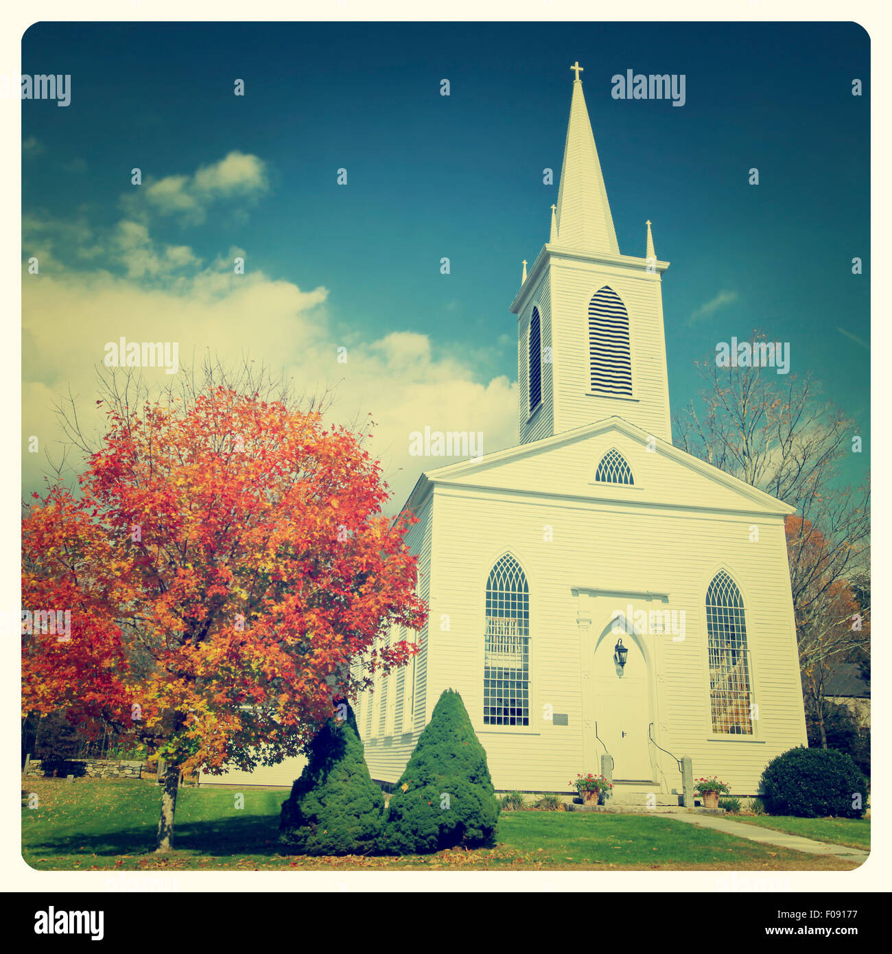 Traditional American white church in the fall with Instagram effect ...