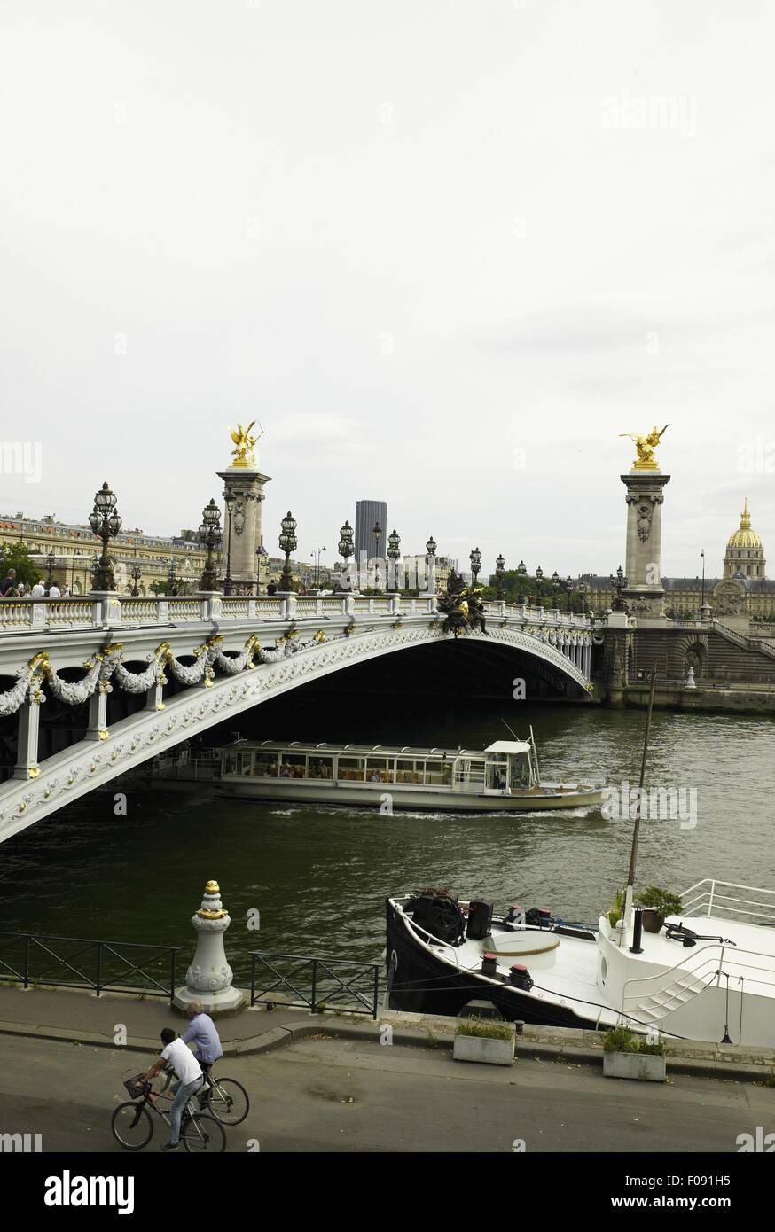 Ferries passing under Alexander III bridge in Paris, France Stock Photo ...
