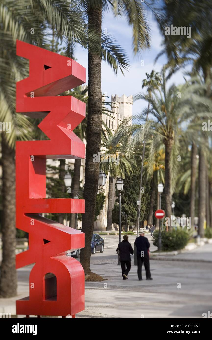 Red Palma lettering and people at Passeig des Born, Palma de Mallorca ...