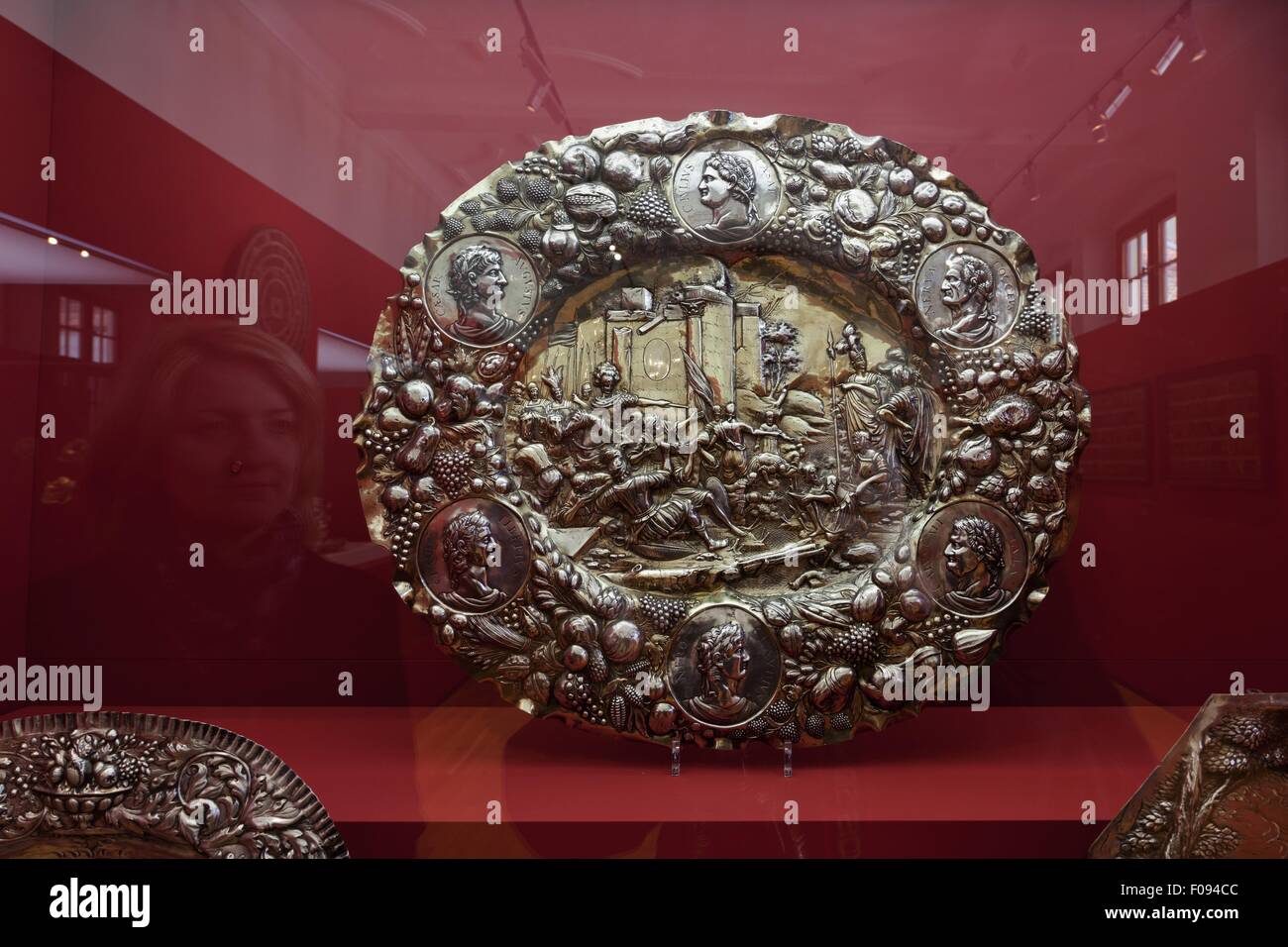 Close-up of ceremonial silver plate in Maximilian Museum in Augsburg ...