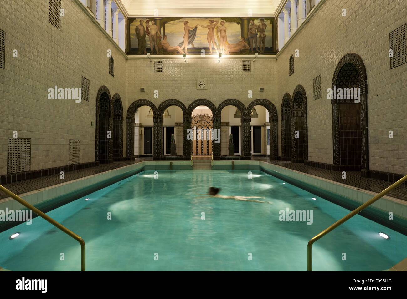 Woman swimming in Emperor Frederick swimming pool, Wiesbaden, Hesse ...