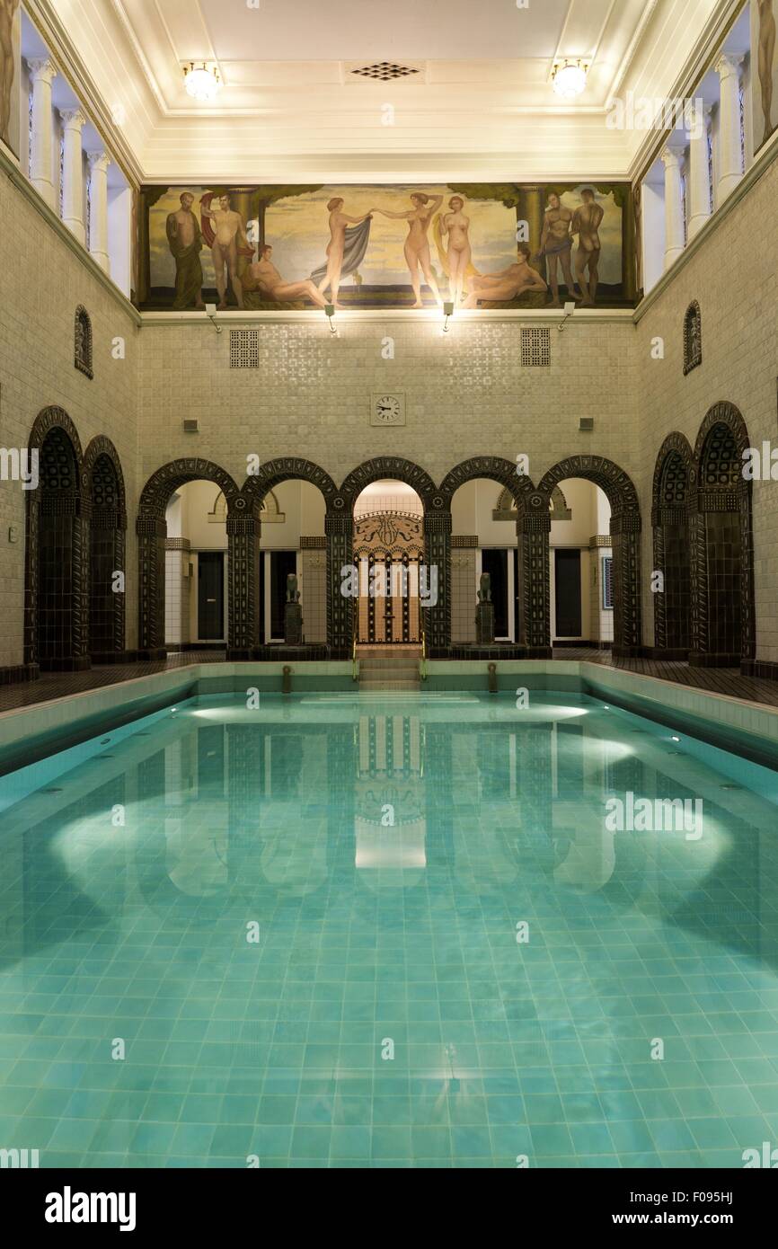 Woman swimming in Emperor Frederick swimming pool, Wiesbaden, Hesse ...
