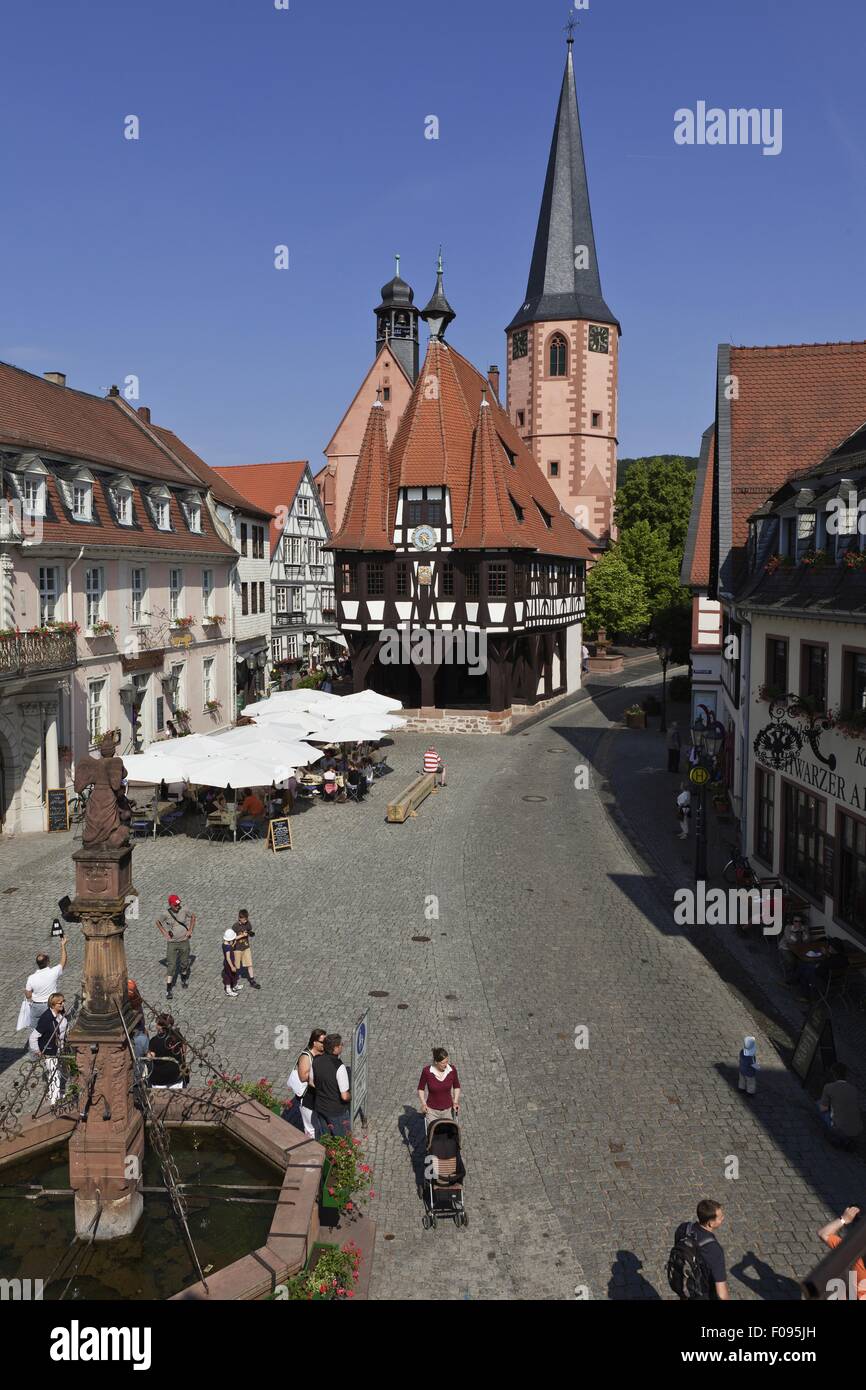 View of market square near City hall in Michel City, Odenwald, Hesse ...