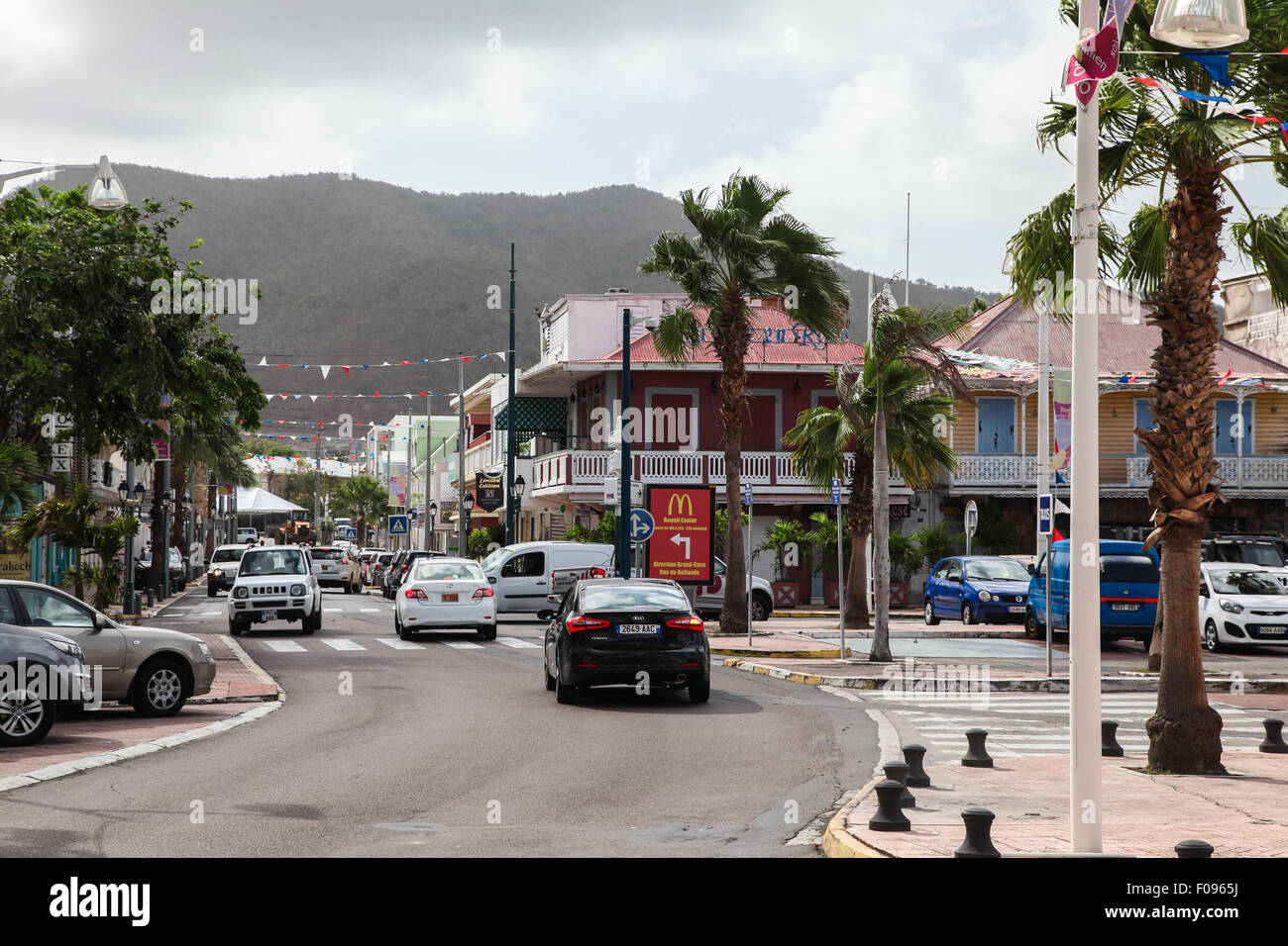 Marigot, Sint Maarten, Sint Maarten. July 31, 2015. Busy street near ...