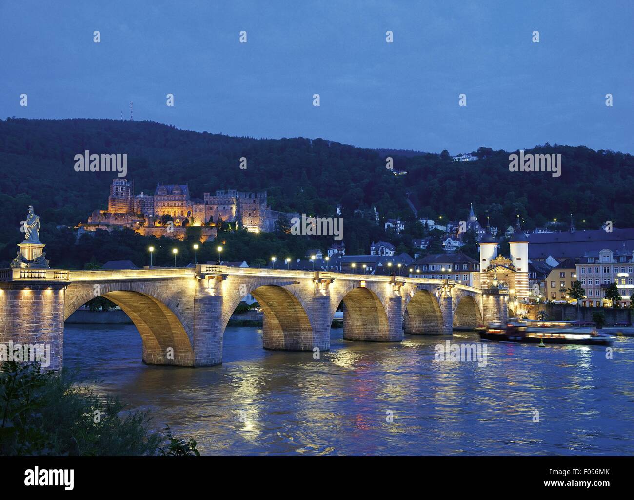 Illuminated Karl-Theodor-Bridge at evening in Heidelberg, Germany Stock ...