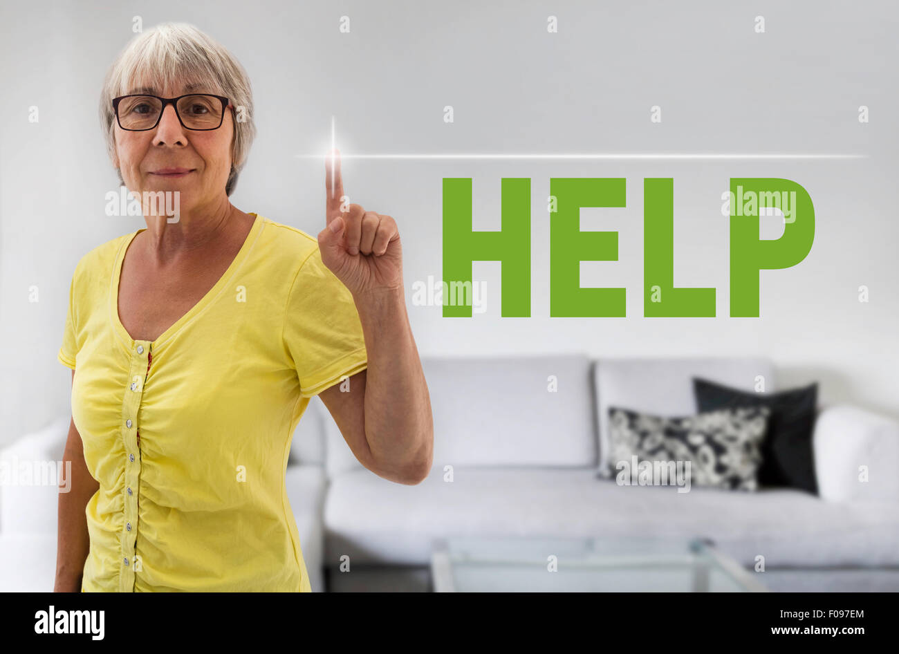 Help touchscreen is shown by senior Stock Photo - Alamy