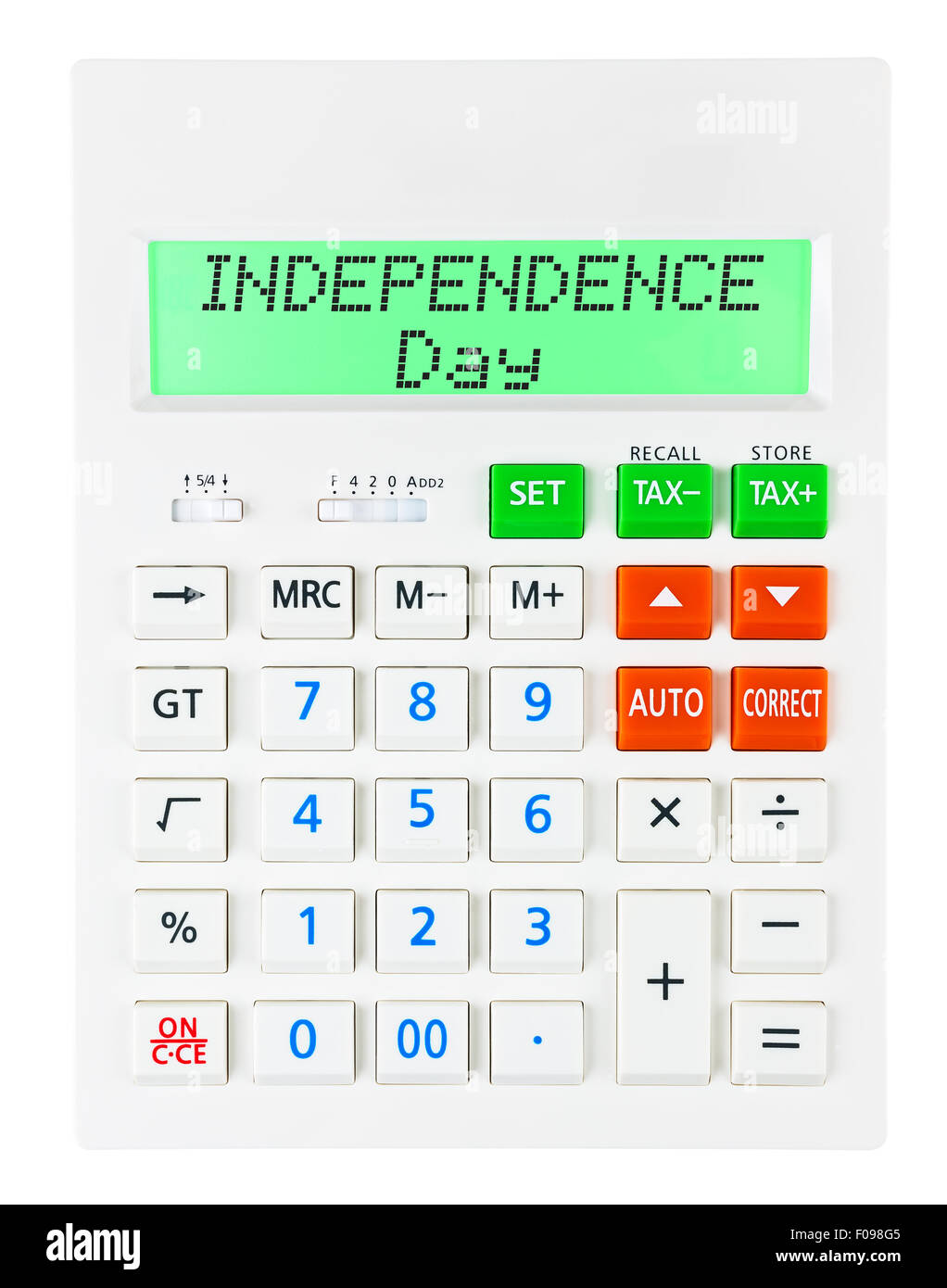 Calculator with Independence day on display on white background Stock ...