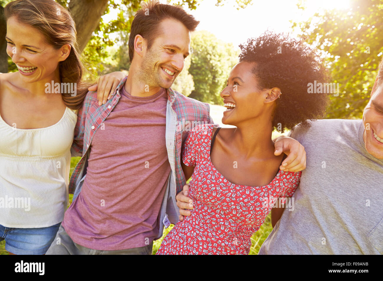Four friends walking together in the countryside Stock Photo - Alamy