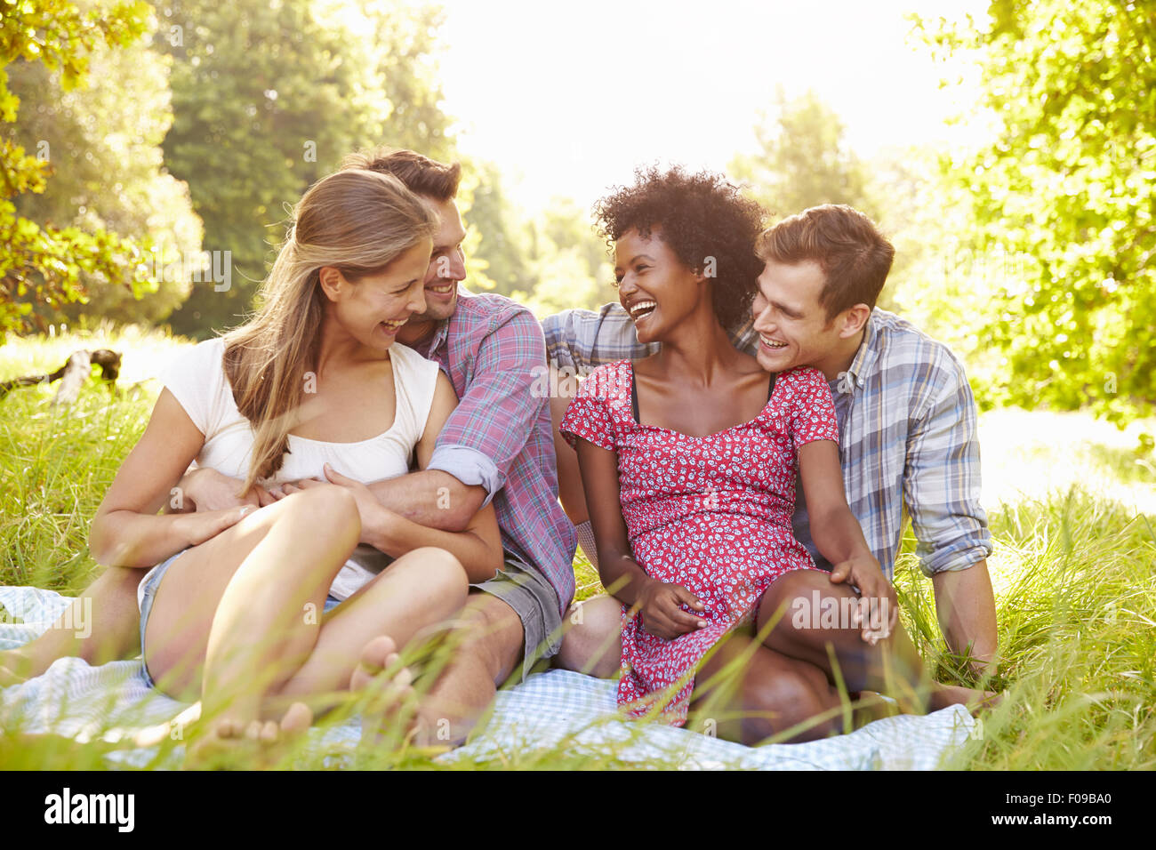 Two couples relaxing together in the countryside Stock Photo - Alamy