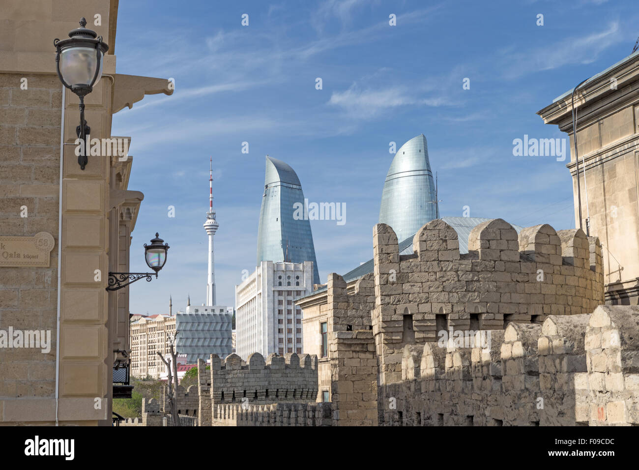 Flame Towers & TV Tower from Old City, aka Icheri Sheher, Baku fortress ...