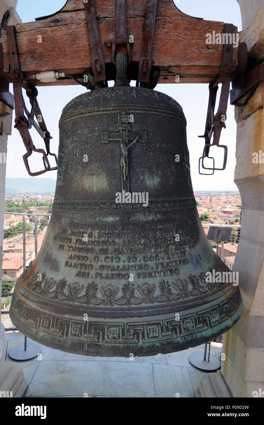 A bell hanging at the top of the Leaning Tower of Pisa. The bells are ...