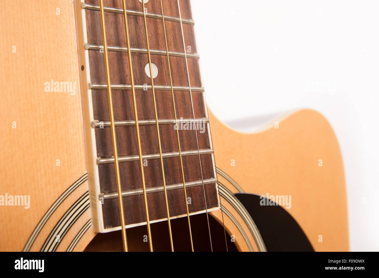 Electric acoustic yellow guitar close up isolated on white background ...