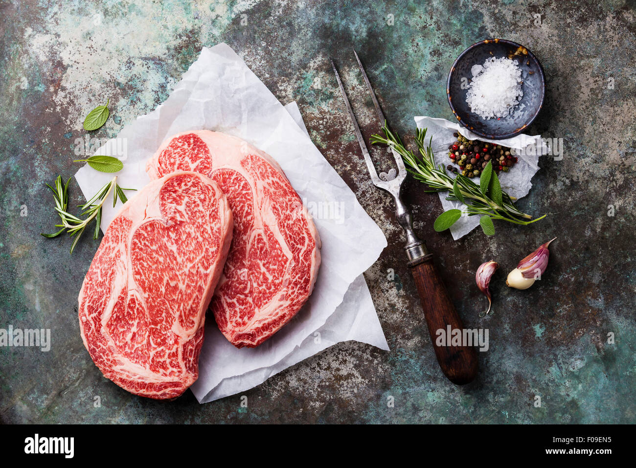 Raw fresh marbled meat Black Angus Steak Ribeye, seasonings and meat ...