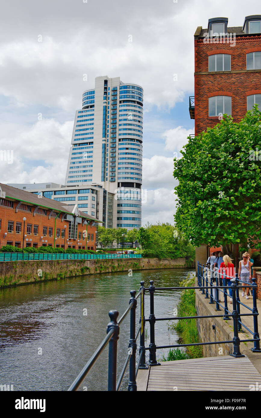 Riverside walk along River Aire in central Leeds with offices, flats ...