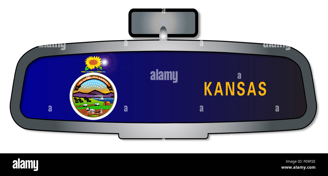 A vehicle rear view mirror with the flag of the state of Kansas Stock ...