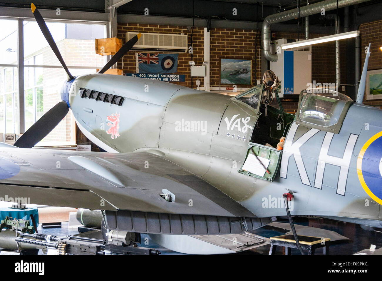 Interior of the Spitfire and Hurricane Memorial Museum at Manston, Kent. A Supermarine Spitfire ...