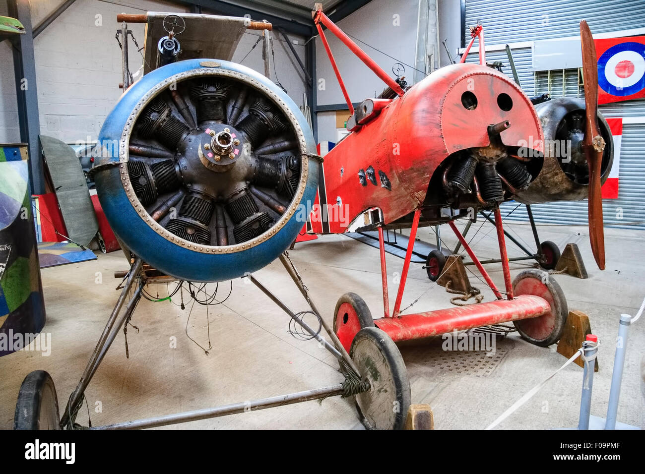 England, Interior of the Manston History museum. Relica red Fokker DR1 ...